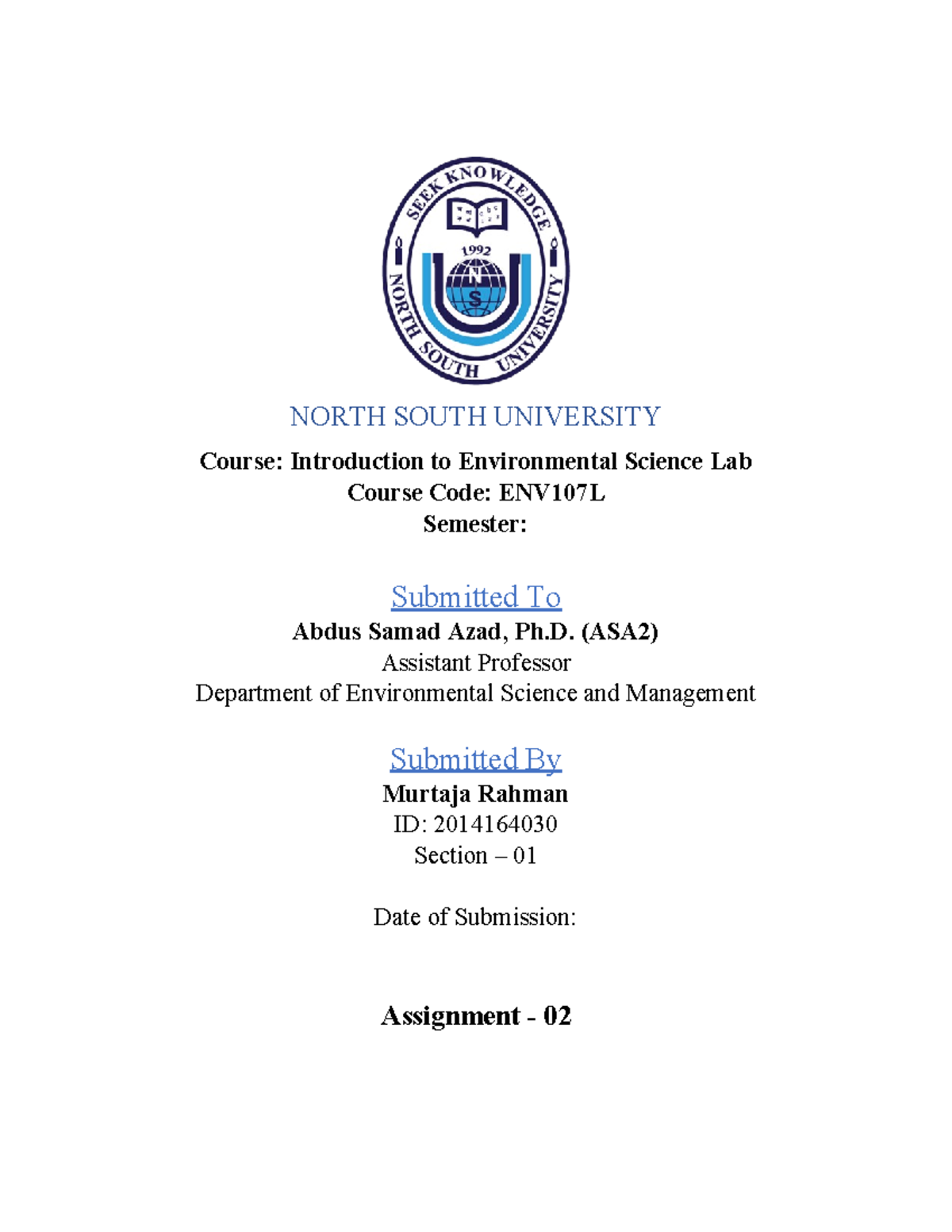 Introduction to Environmental Science (Lab) - (ASA2) Assistant Professor Department of ...
