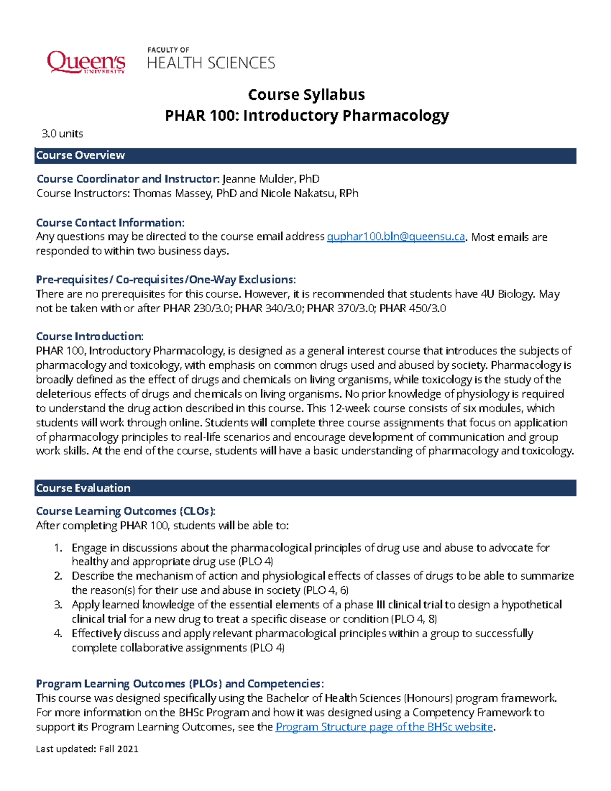 PHAR100 Blended Syllabus F21 - Phar 100 - queensu - Studocu
