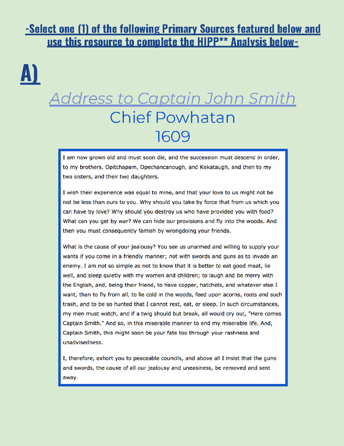 Ush Period 2 - HIPP Document Analysis -Select one (1) of the following ...