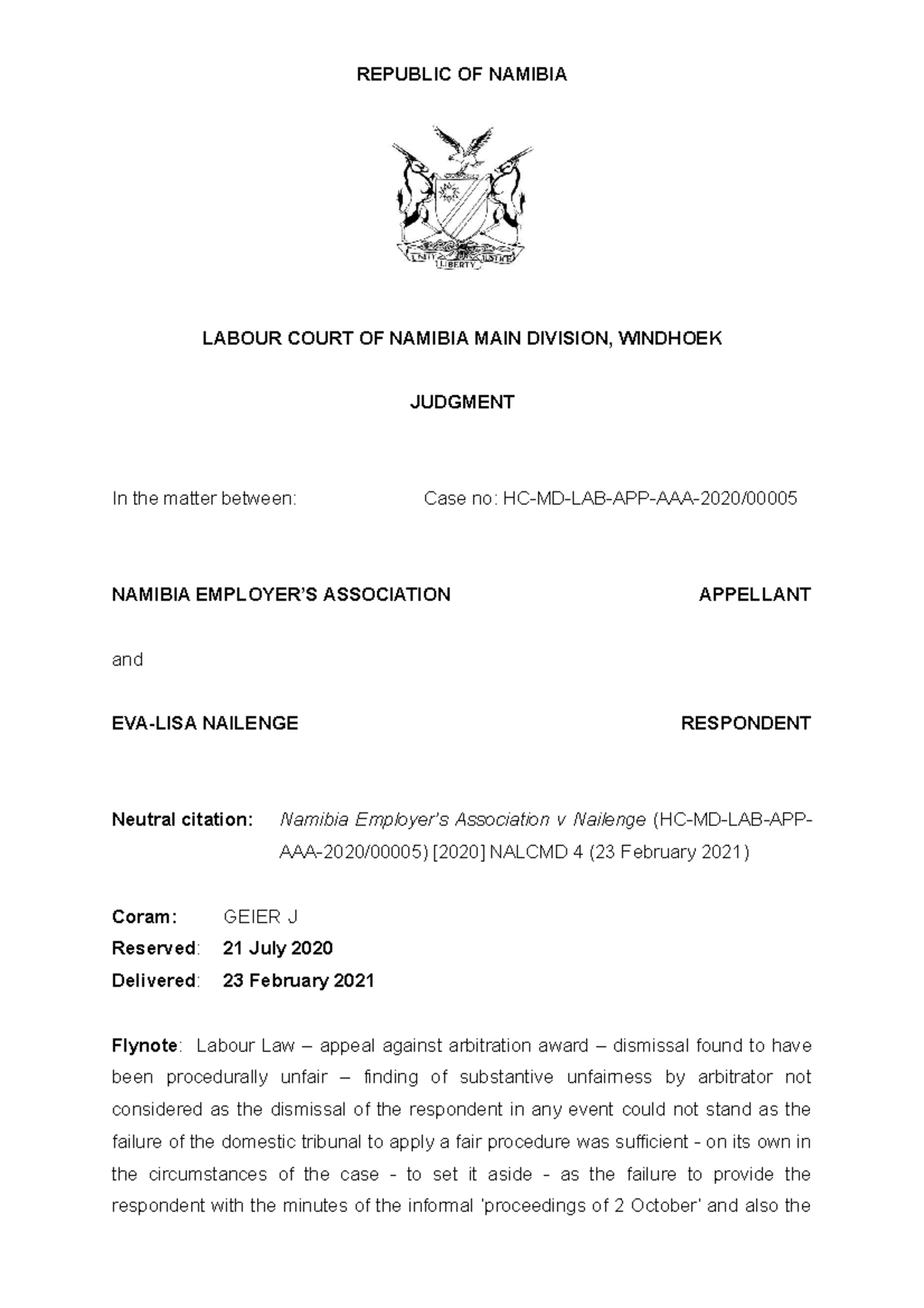 Namibia Employer’s Association v Nailenge Unfair Dismissal - REPUBLIC ...