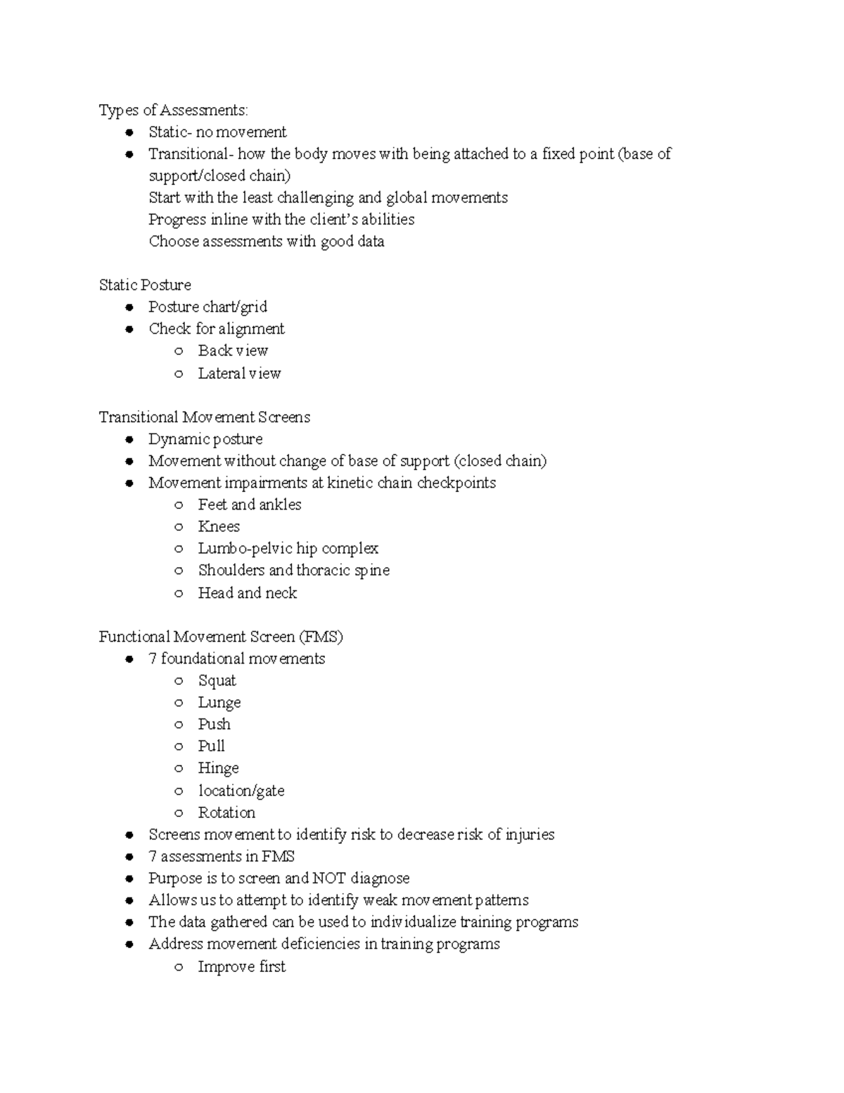 KIN 322 Posture and Movement - Types of Assessments: Static- no ...