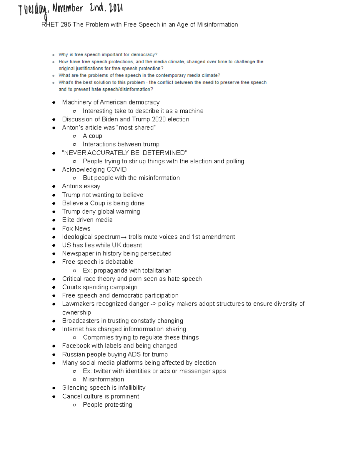 RHET 295 Misinformation Notes - RHET 295 The Problem with Free Speech ...