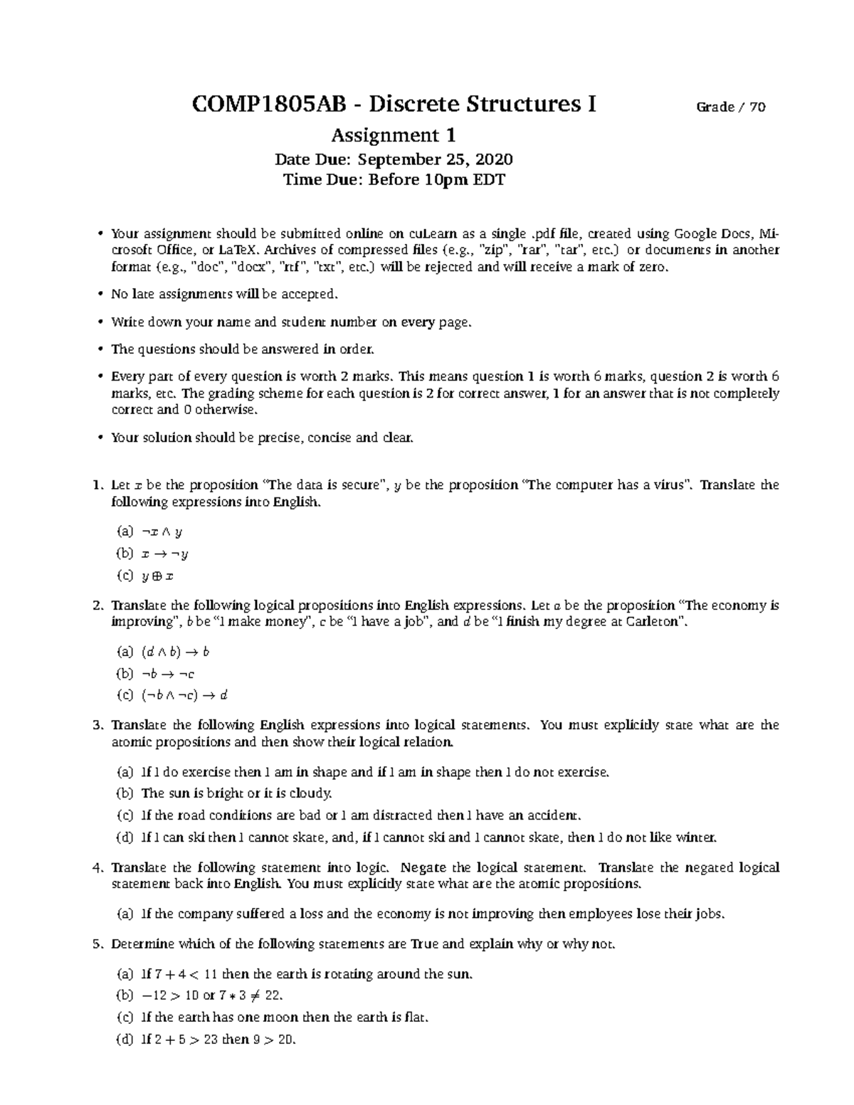 Assignment 1 Comp 1805 Fall Comp1805ab Discrete Structures I