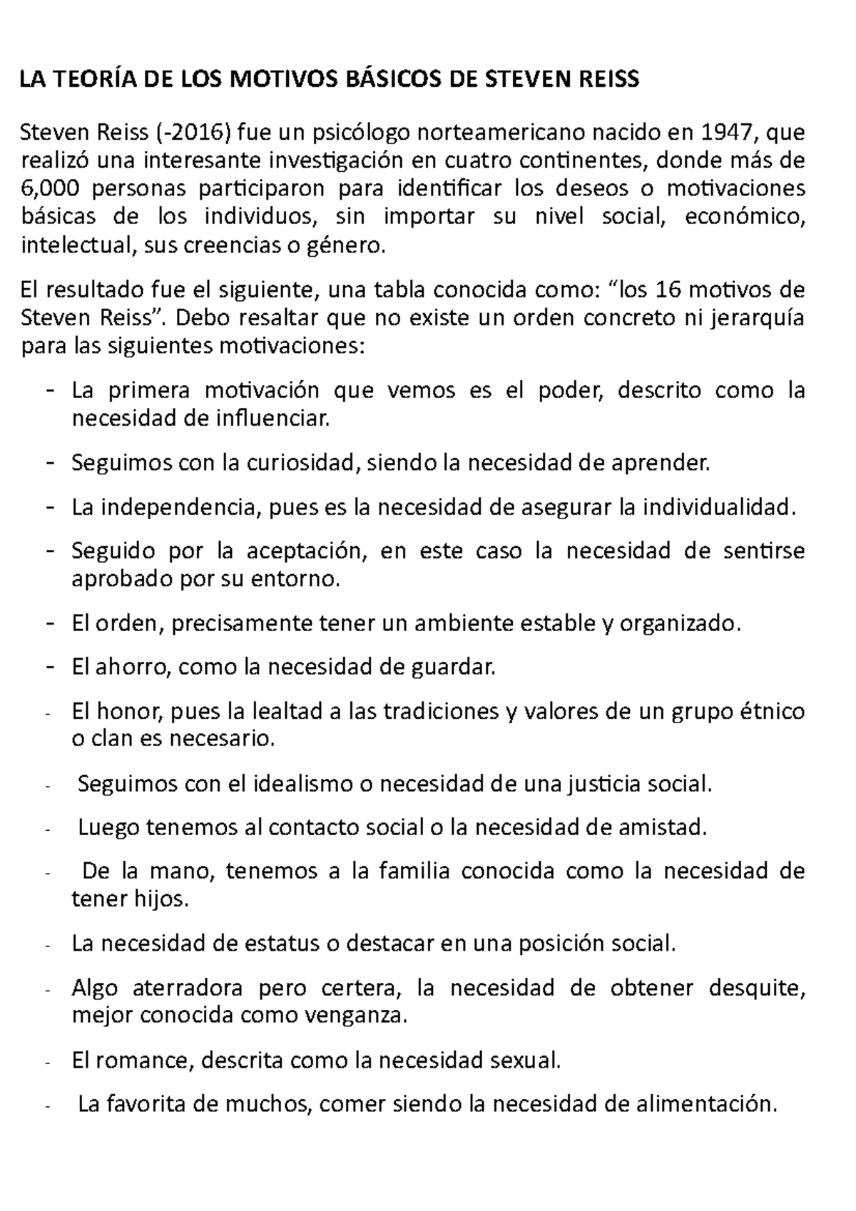Teoria de psicología - LA TEORÍA DE LOS MOTIVOS BÁSICOS DE STEVEN REISS ...