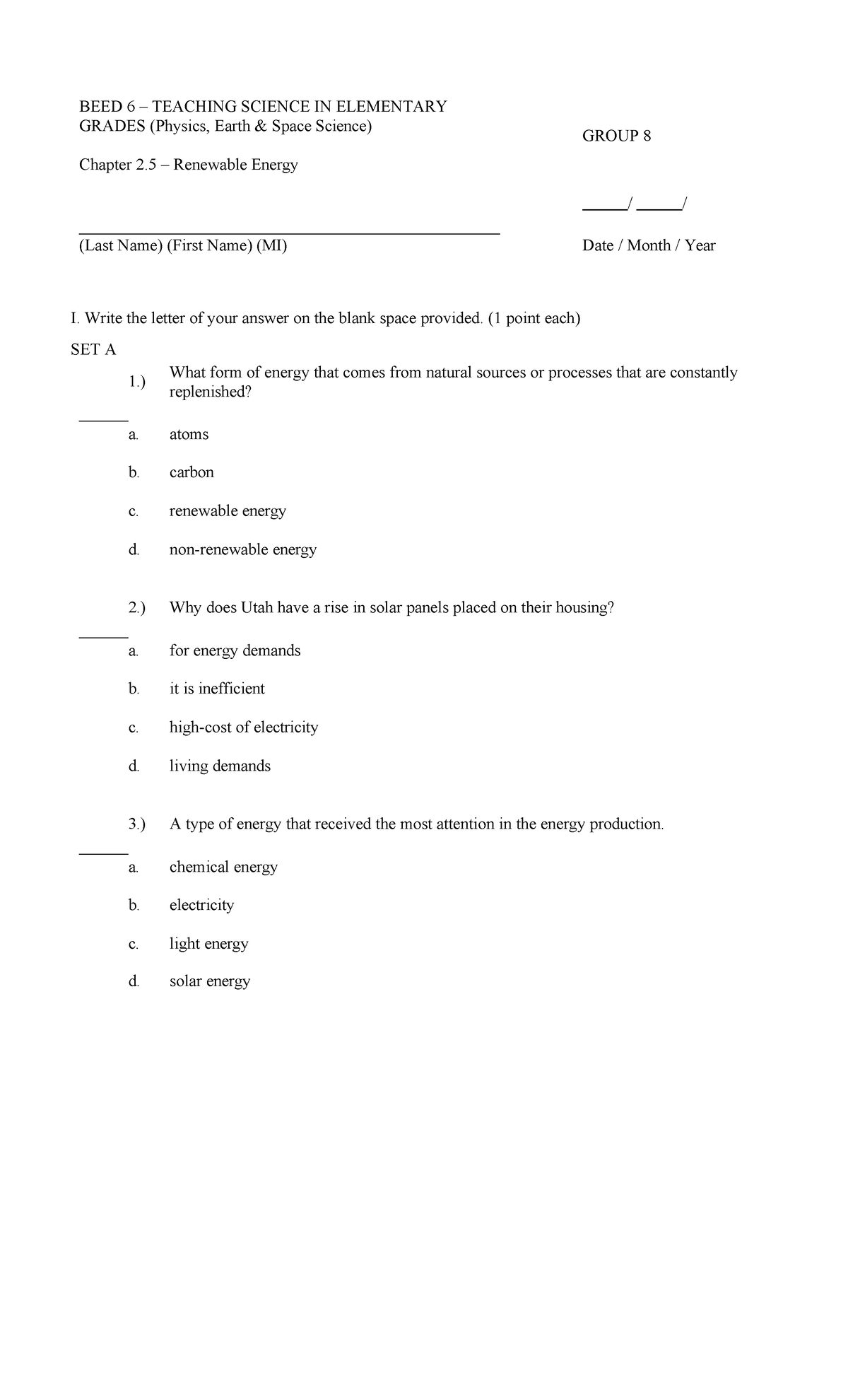 Questionnaire ( Renewable Energy) - BEED 6 – TEACHING SCIENCE IN ...