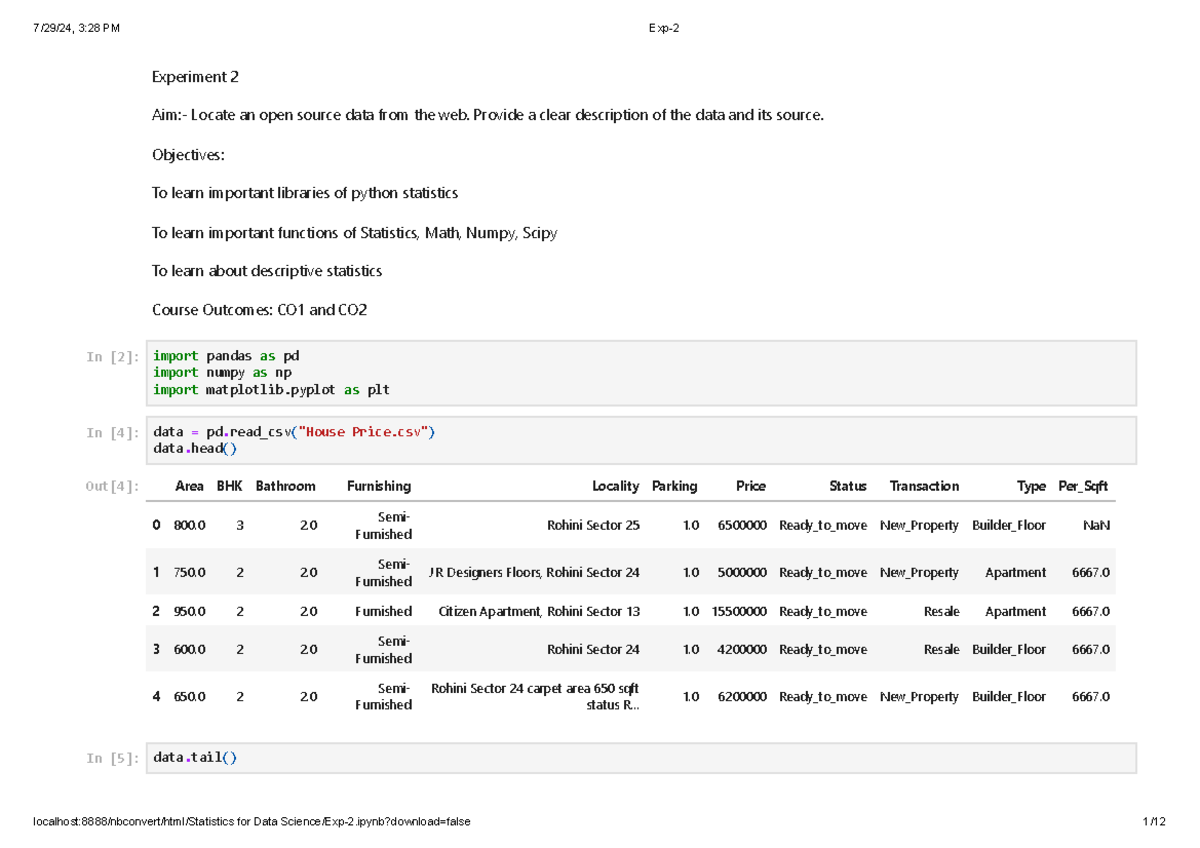 Exp-2 - Experiment 2 screenshots - Experiment 2 Aim:- Locate an open source data from the web ...