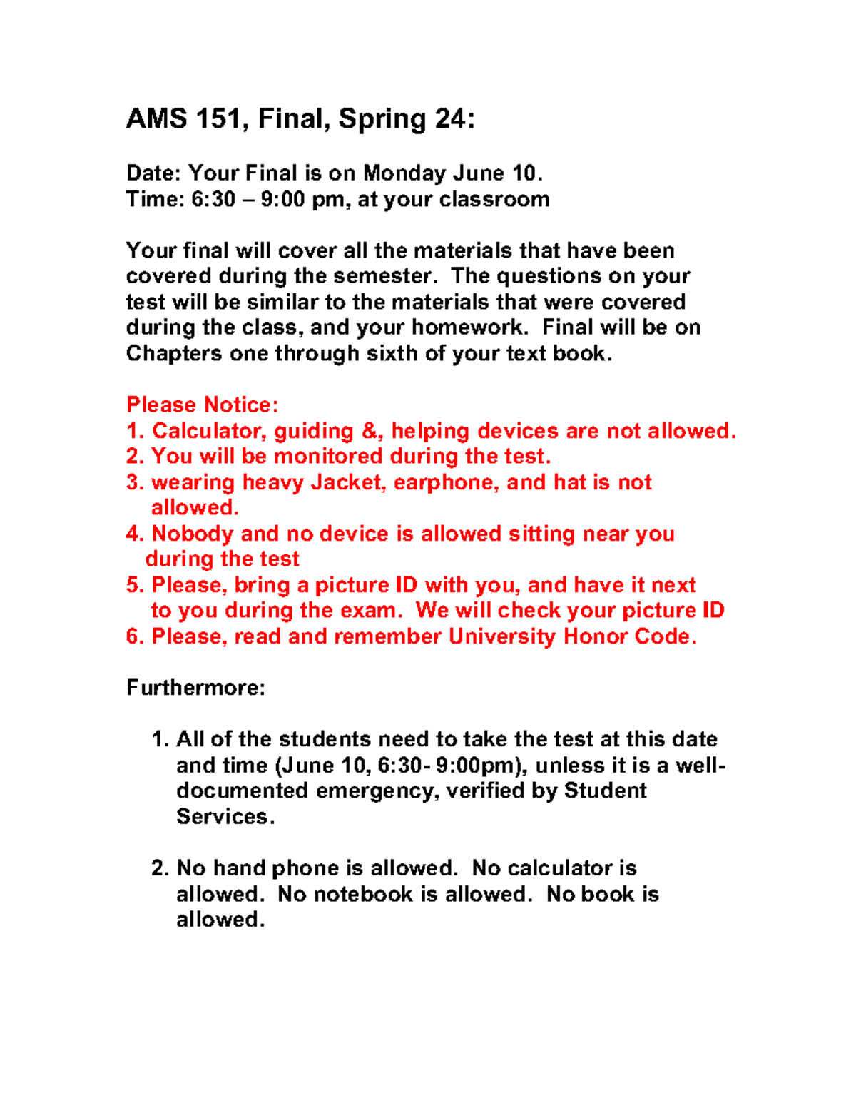 Final annocement AMS 151 - AMS 151, Final, Spring 24: Date: Your Final ...