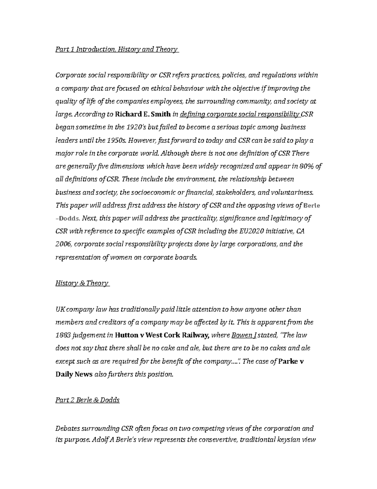 325574874 Corporate Social Responsibility Essay - Part 1 Introduction ...