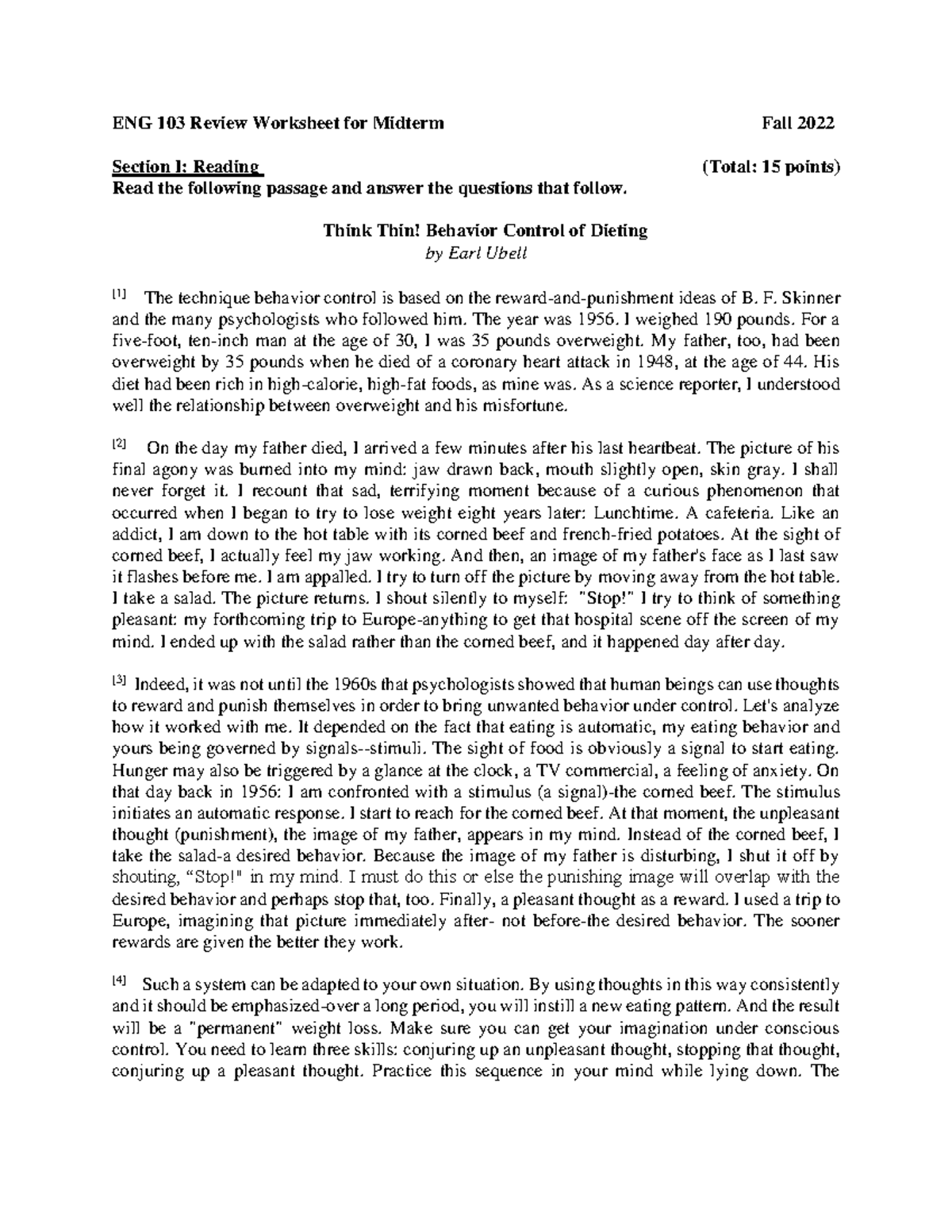 103 Midterm Review Worksheet Fall 2022 - ENG 103 Review Worksheet for Midterm Fall 2022 Section ...