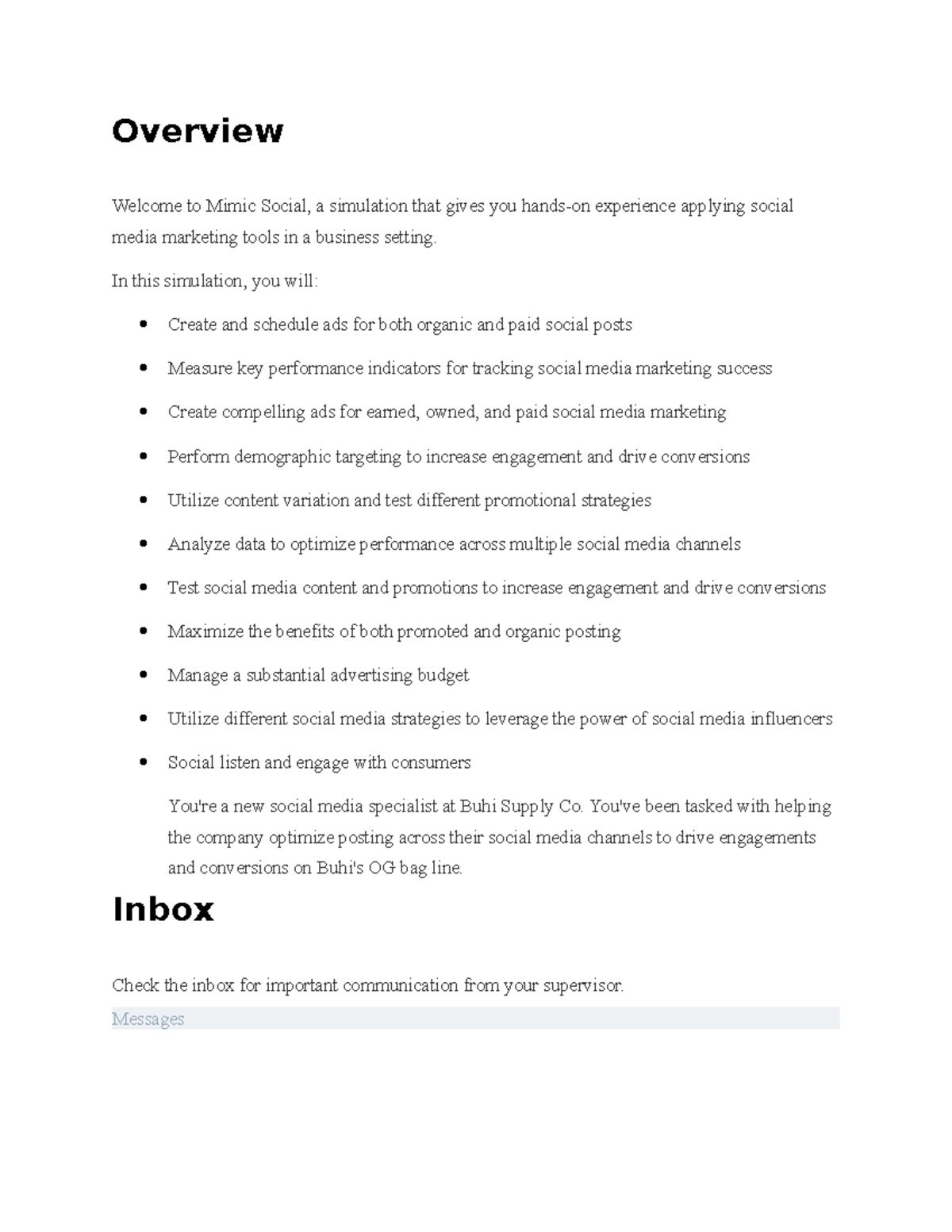 Stukent Simulation - Overview ####### Welcome to Mimic Social, a ...