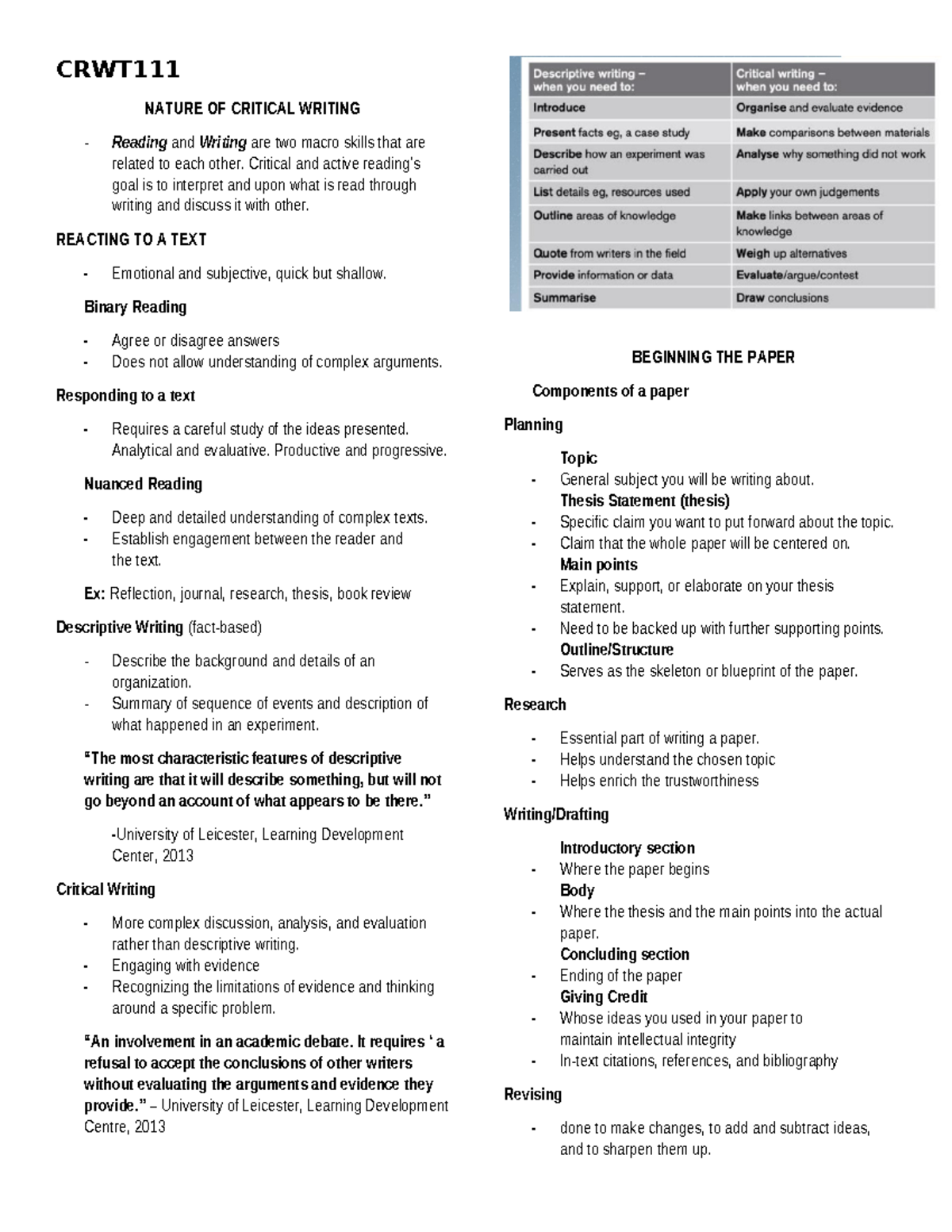 CRWT111 - notes - CRWT NATURE OF CRITICAL WRITING Reading and Writing ...