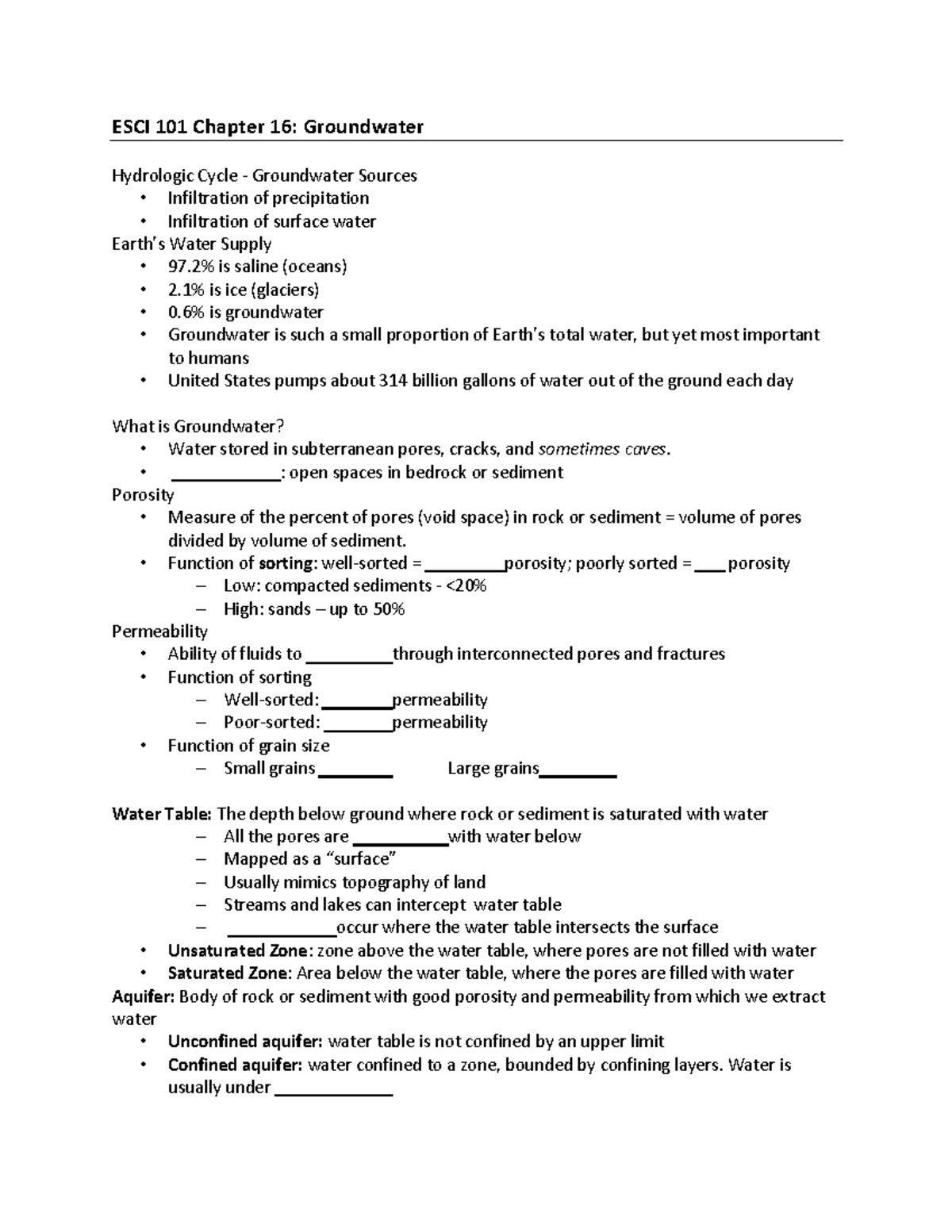101Ch16 groundwater - Lecture notes 16 - ESCI 101 - Dynamic Earth - StuDocu