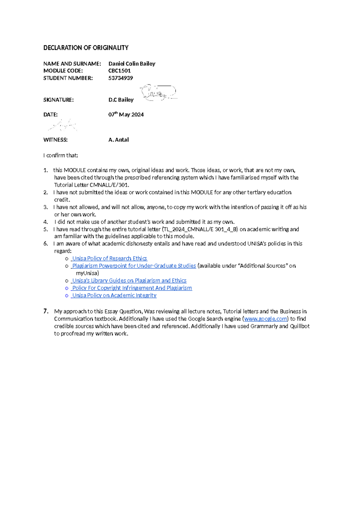Portfolio exam - DECLARATION OF ORIGINALITY NAME AND SURNAME: Daniel ...