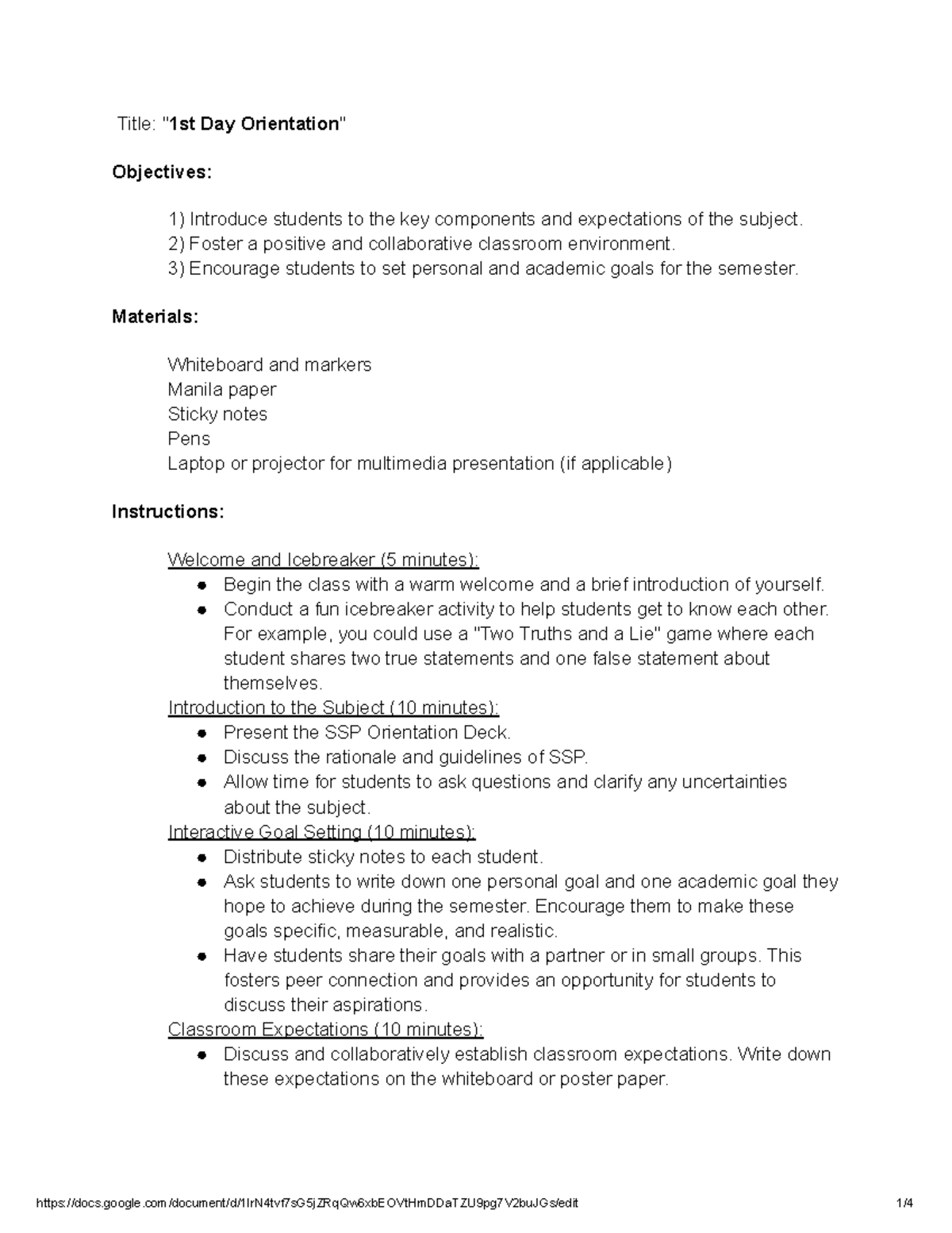 SSP- Day 1 Activity Guide - Google Docs - Title: "1st Day Orientation ...