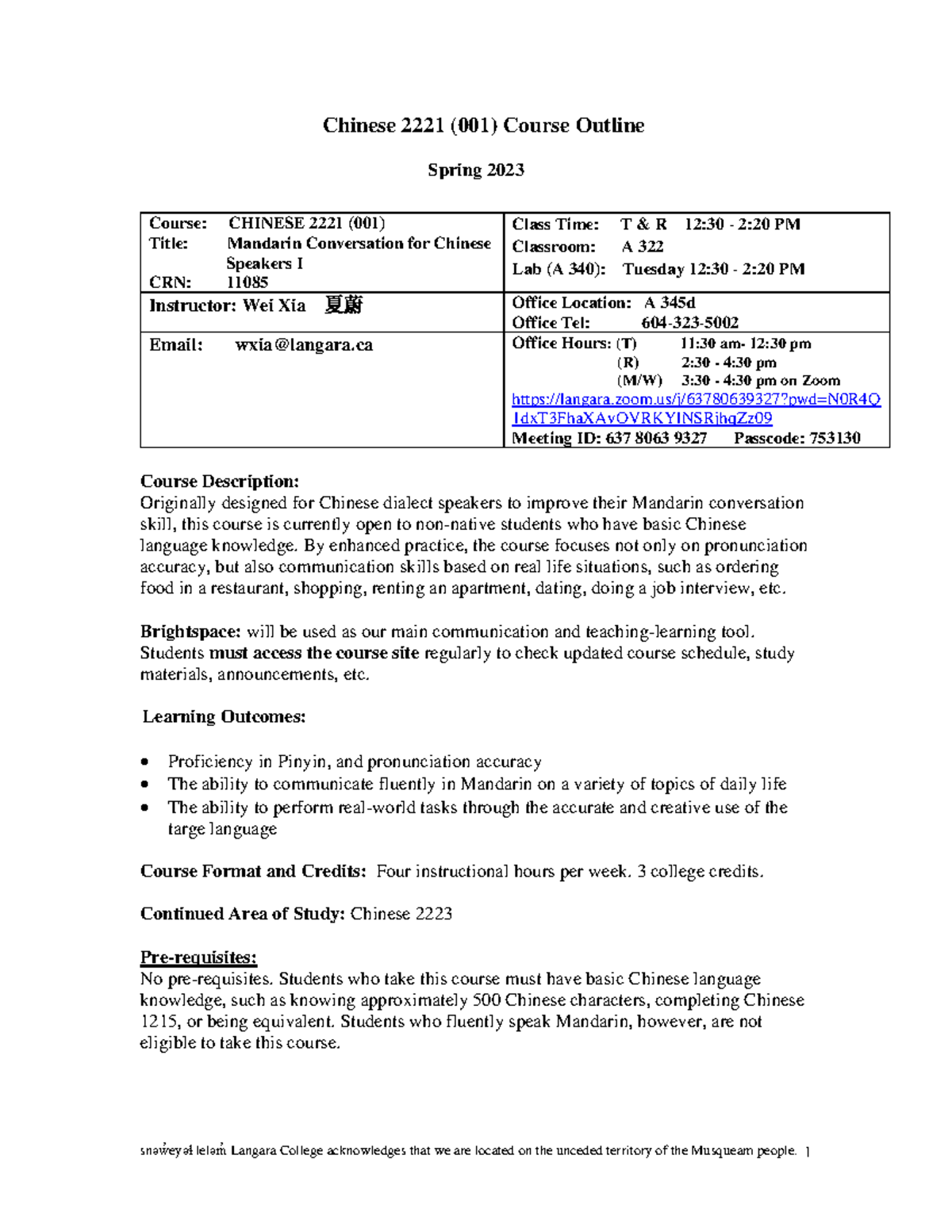 CHIN 2221 001 Xia 202310 - Chinese 2221 (001) Course Outline Spring ...