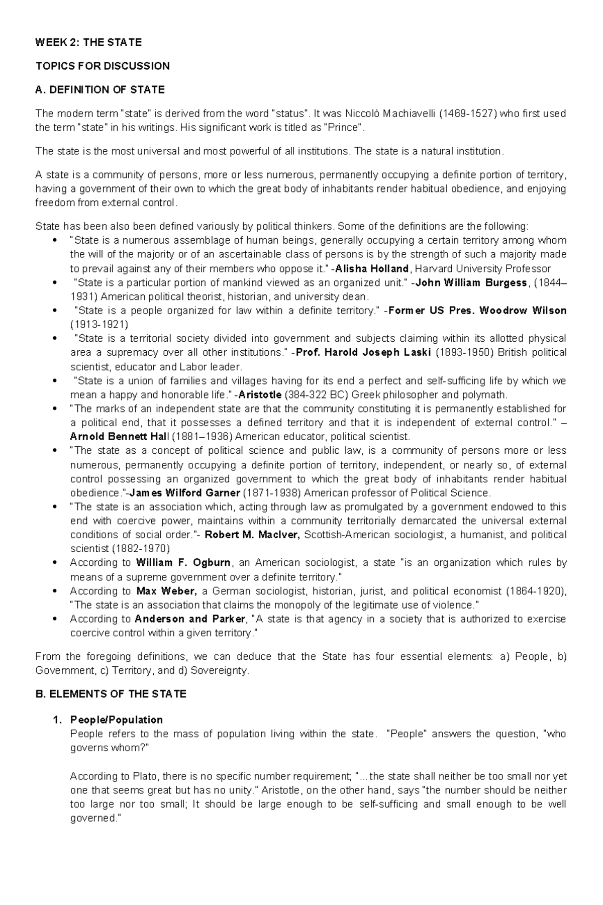 WEEK 2 THE State - none - WEEK 2: THE STATE TOPICS FOR DISCUSSION A ...