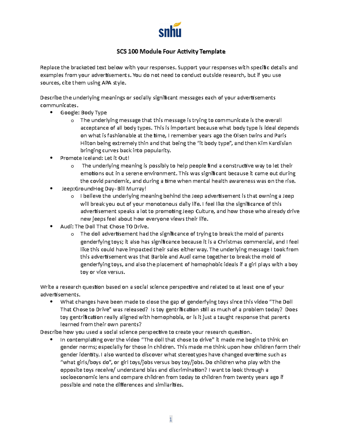 SCS 100 Module Four Activity - Support your responses with specific ...