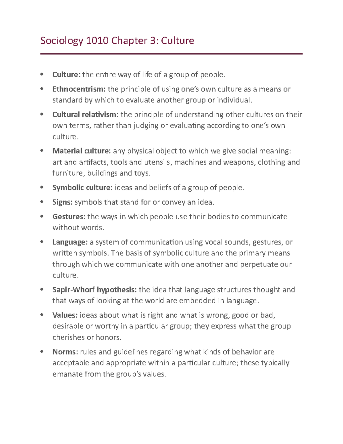 Sociology 1010 Chapter 3 Culture - Sociology 1010 Chapter 3: Culture ...