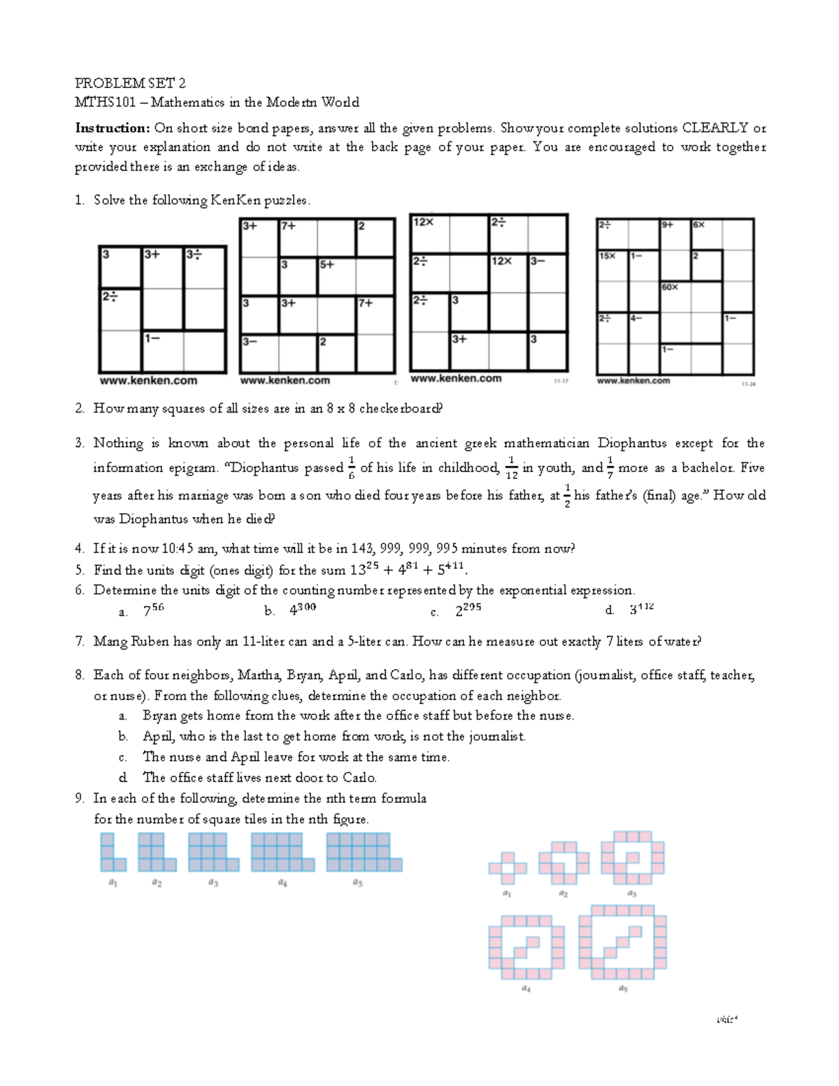 0 probset 2. (problem solving) - PROBLEM SET 2 MTHS101 – Mathematics in ...