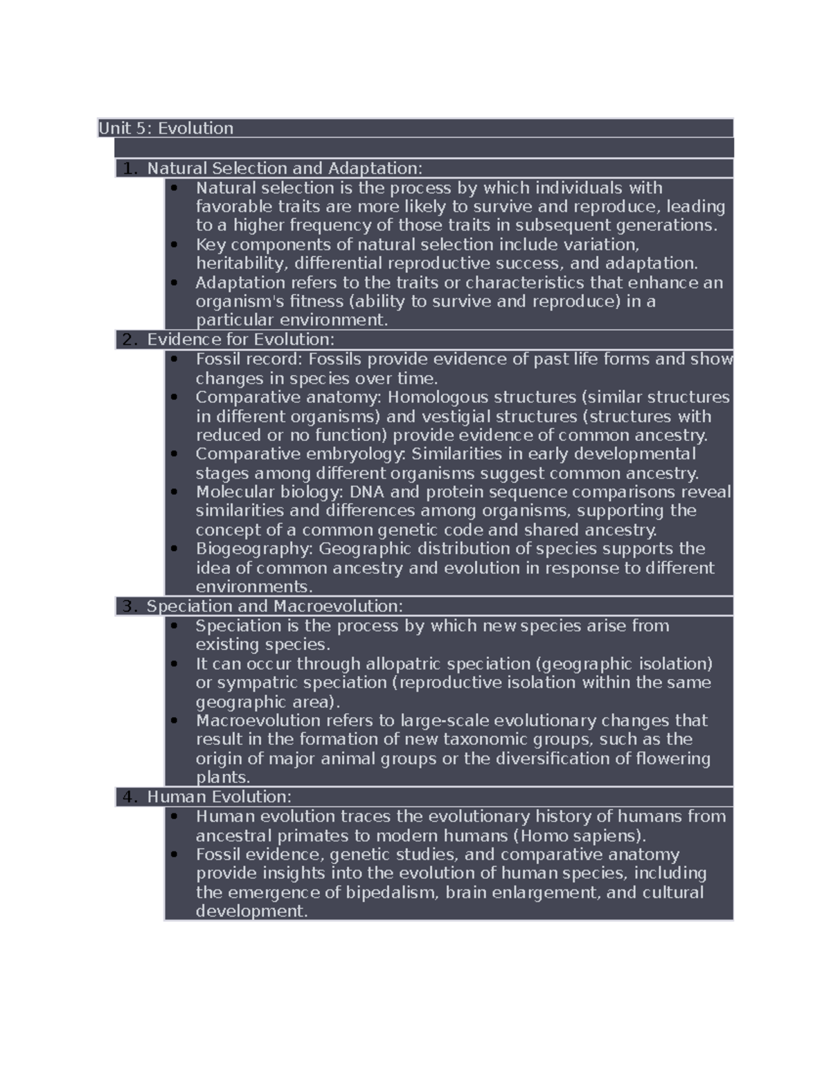 Unit 5 - u5 notes - Unit 5: Evolution Natural Selection and Adaptation ...