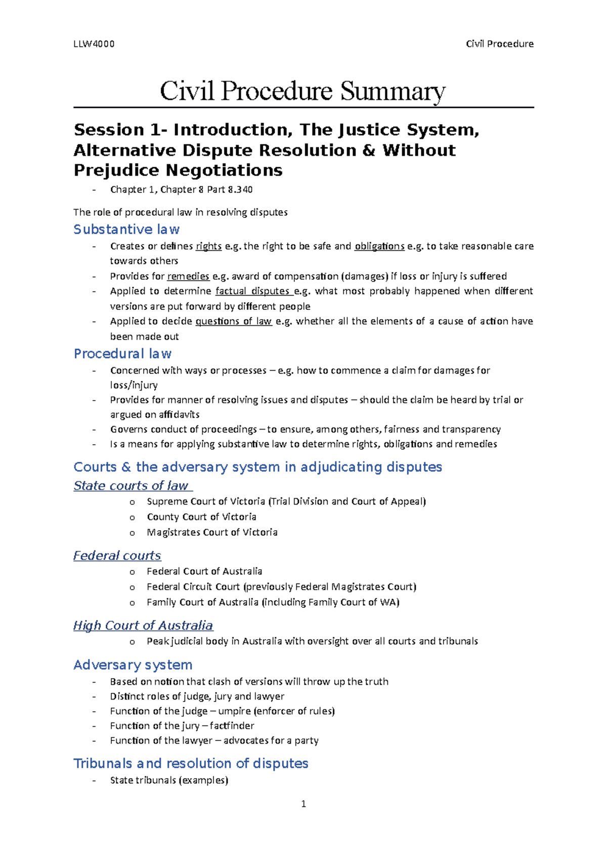 Civil Procedure Summary - Civil Procedure Summary Session 1 ...