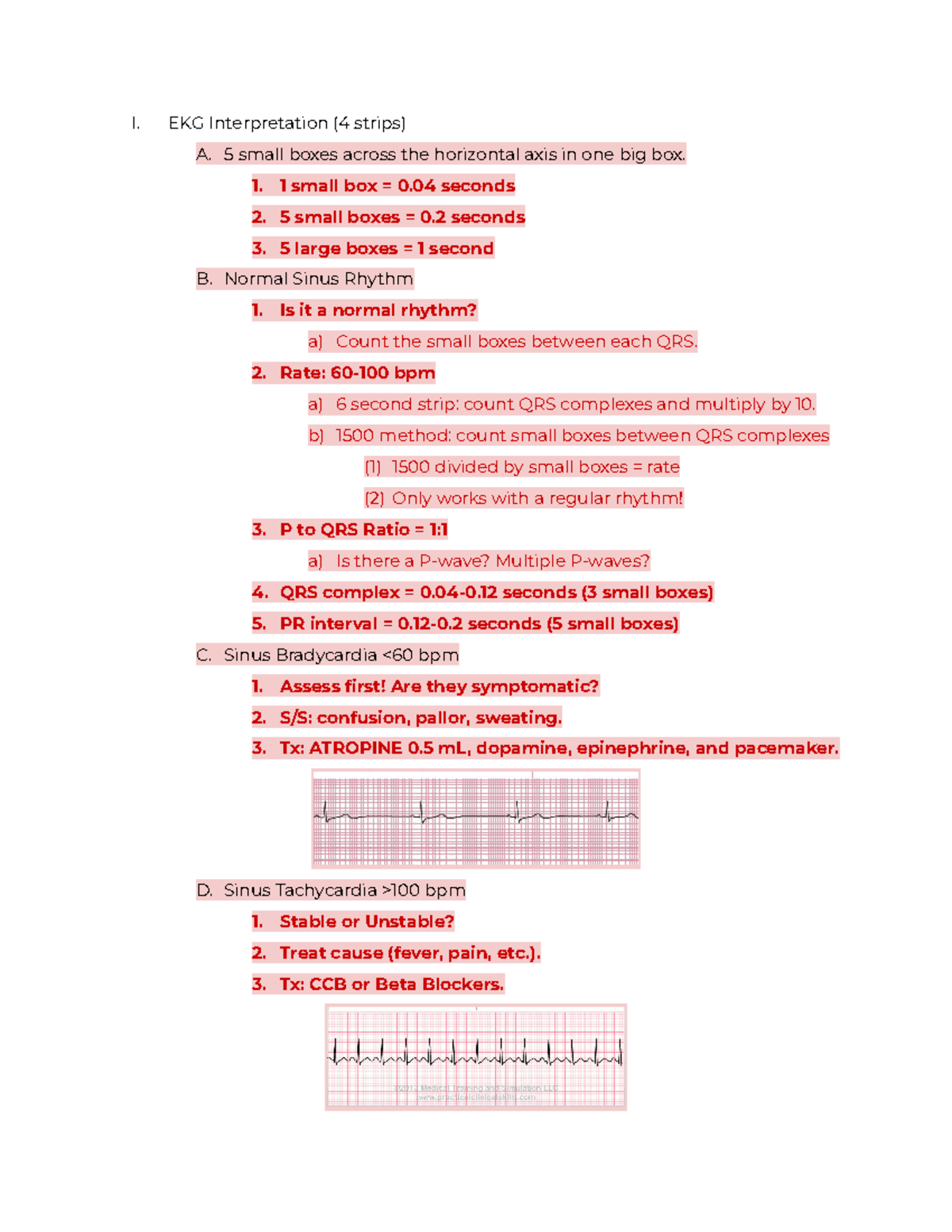 NRS 417 Final - I. EKG Interpretation (4 strips) A. 5 small boxes ...