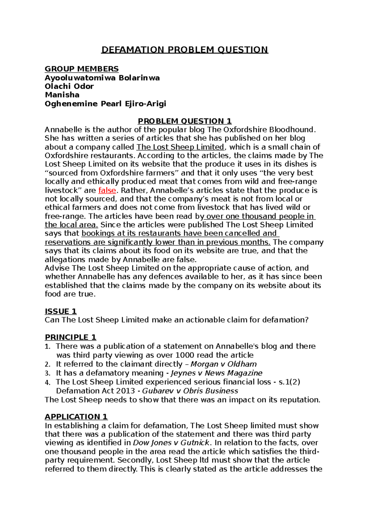 Defamation Problem Question 1 - DEFAMATION PROBLEM QUESTION GROUP ...