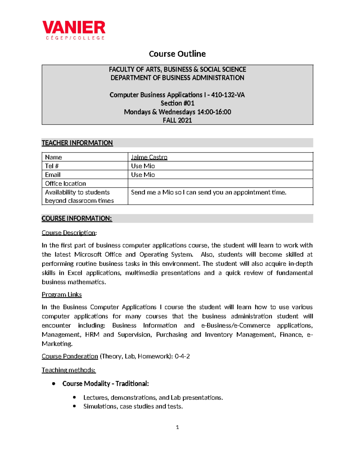 F21 Computer Business Applications I - Outline JC - Course Outline ...