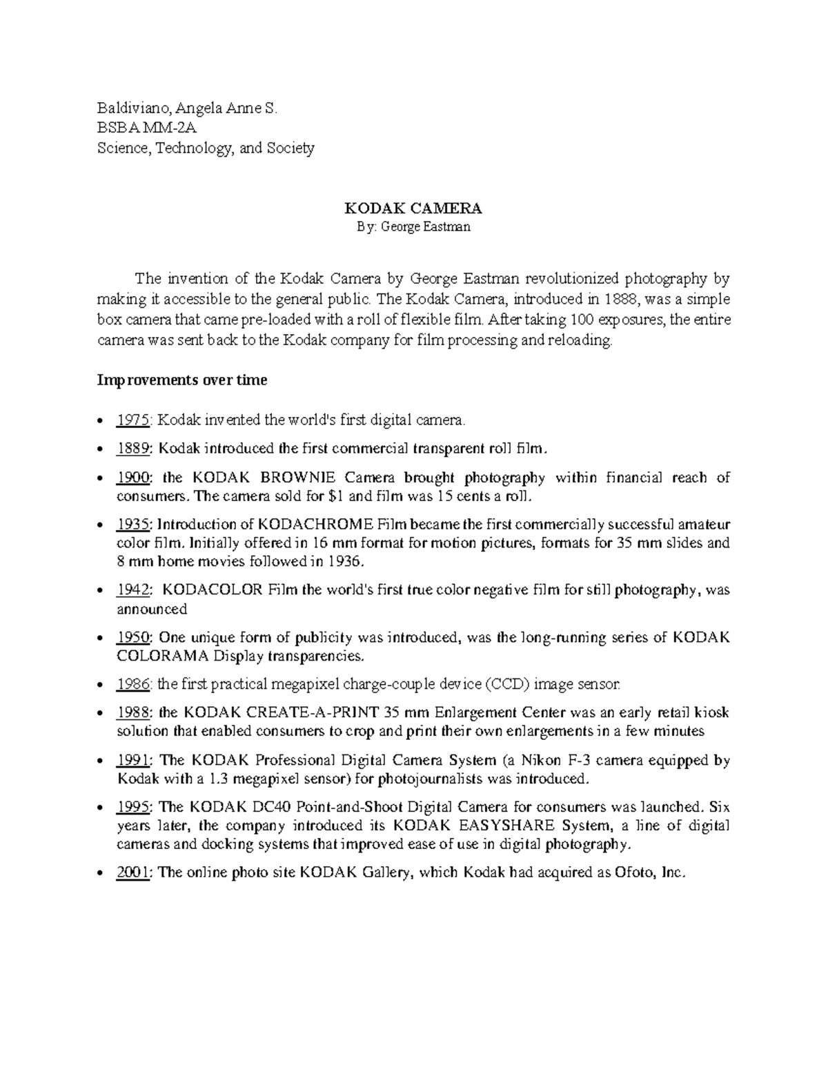 Invention - Kodak Camera - Baldiviano, Angela Anne S. BSBA MM-2A Science, Technology, and ...