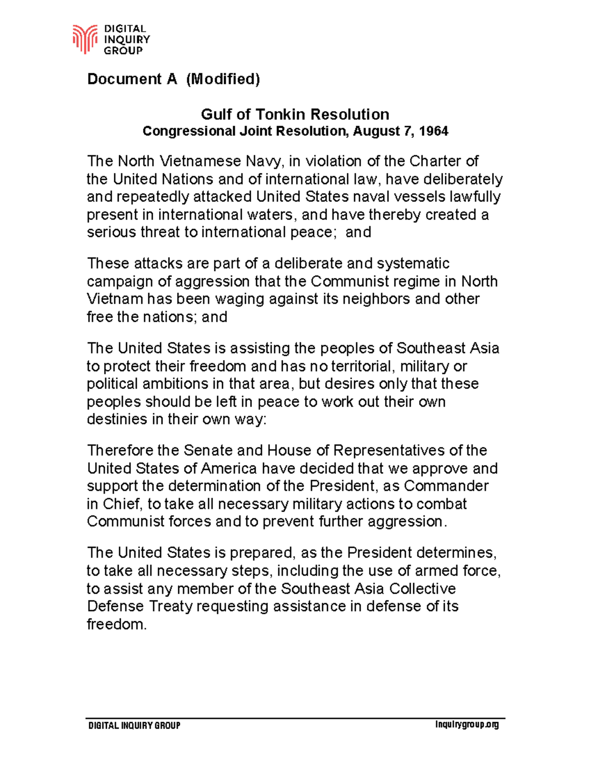 Gulf of Tonkin Resolution - Document A (Modified) Gulf of Tonkin ...