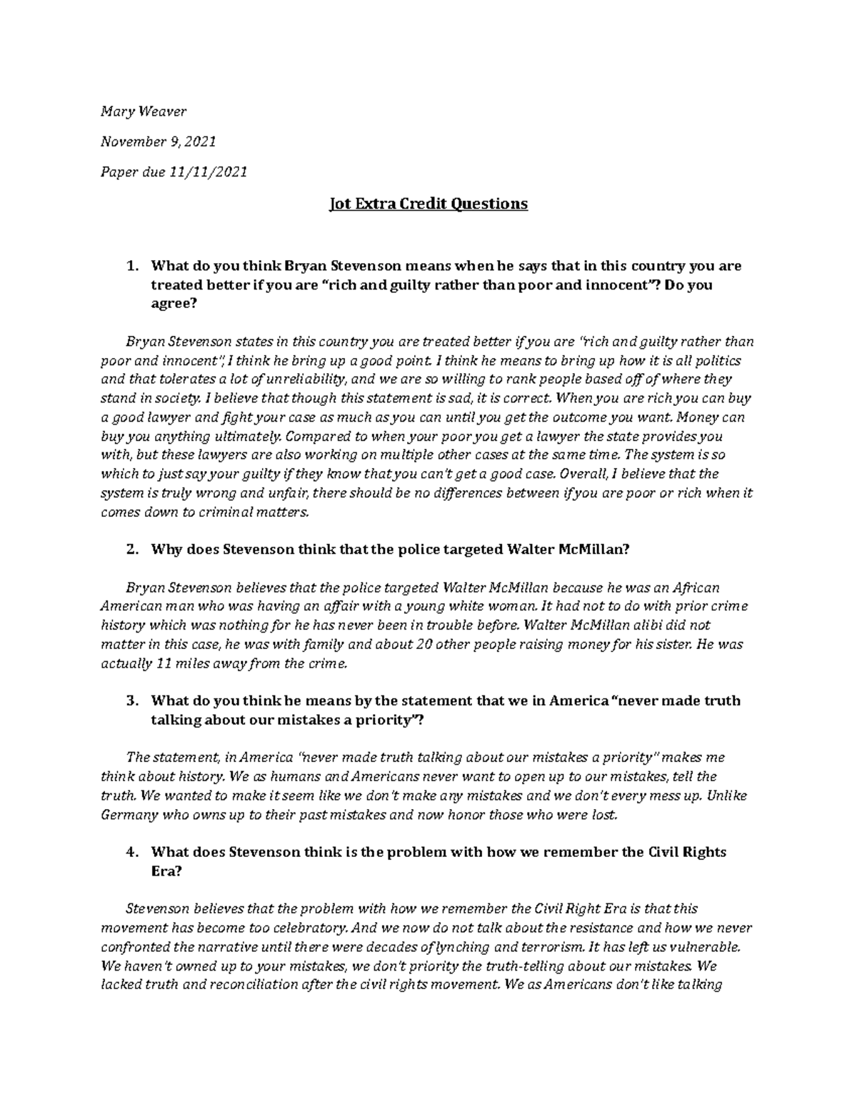 JOT extra credit - Paper - Mary Weaver November 9, 2021 Paper due 11/11 ...