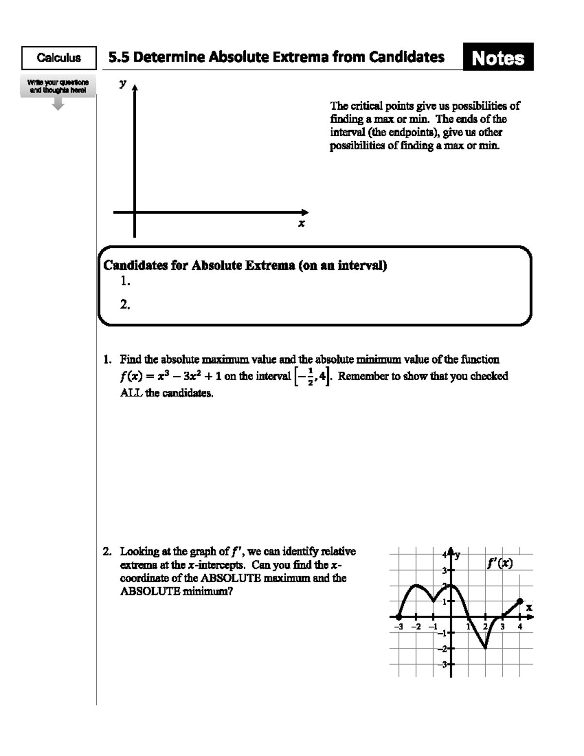 Calculus 5.5 Absolute Extrema Candidates Notes & Practice - Calculus 5 ...