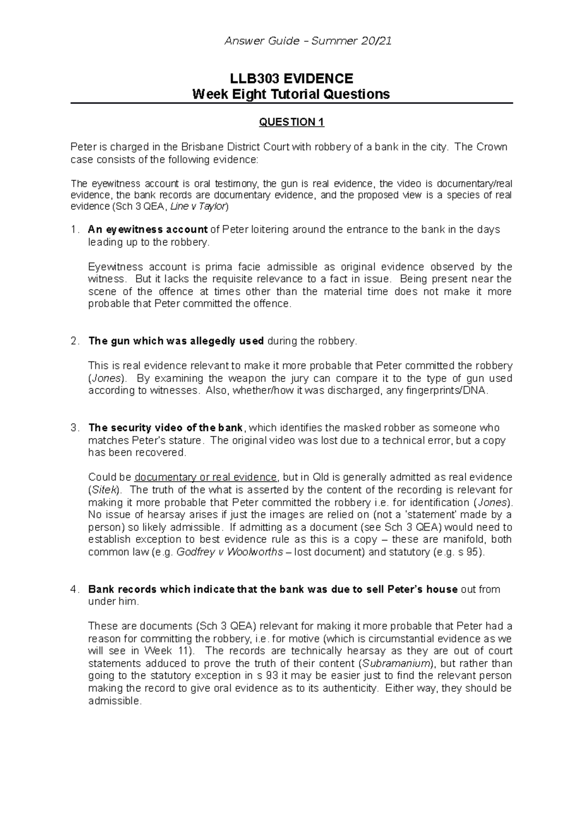 Tutorial Questions Week 8 - Answers to questions - LLB303 EVIDENCE Week Eight Tutorial Questions ...