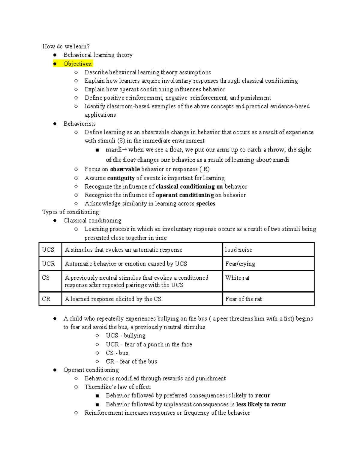 Unit 3 class notes - Dr. Sherman - How do we learn? Behavioral learning ...