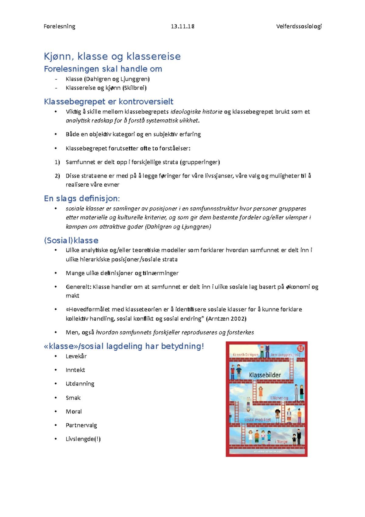 Forelesning - Kjønn, klasse og klassereise - Innføring i sosiologi - Kjønn, klasse og ...
