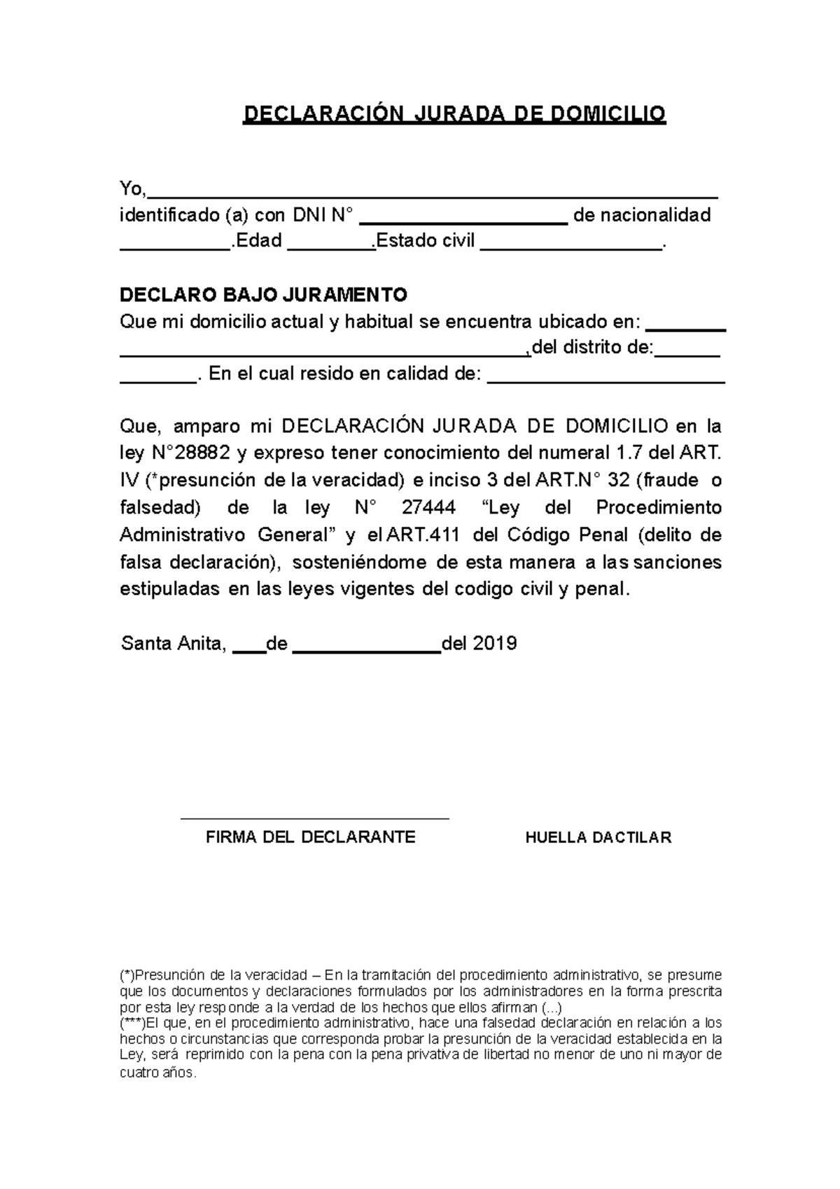 Declaracion Jurada De Domicilio Modelo Beer