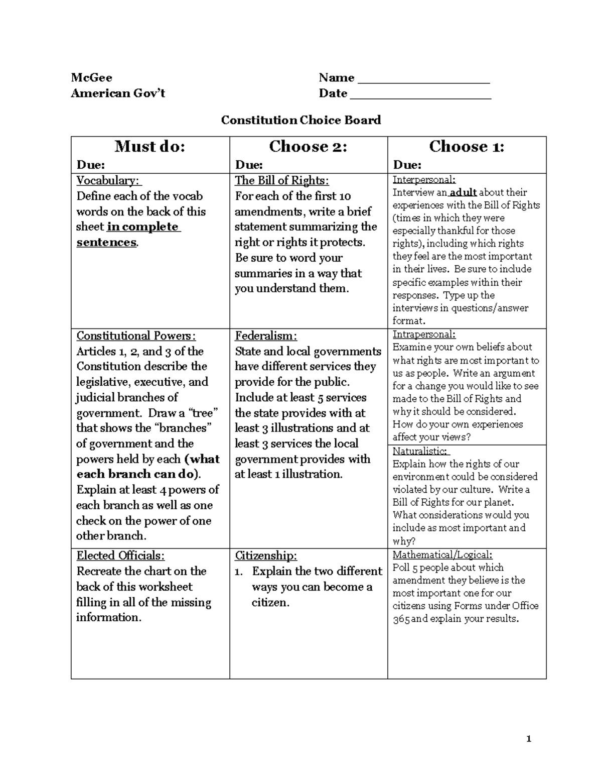 Constitution Choice Board - McGee Name ________________ American Gov’t ...
