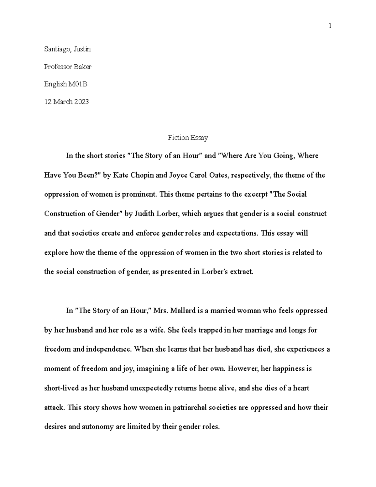 Essay of Fiction - Santiago, Justin Professor Baker English M01B 12 ...