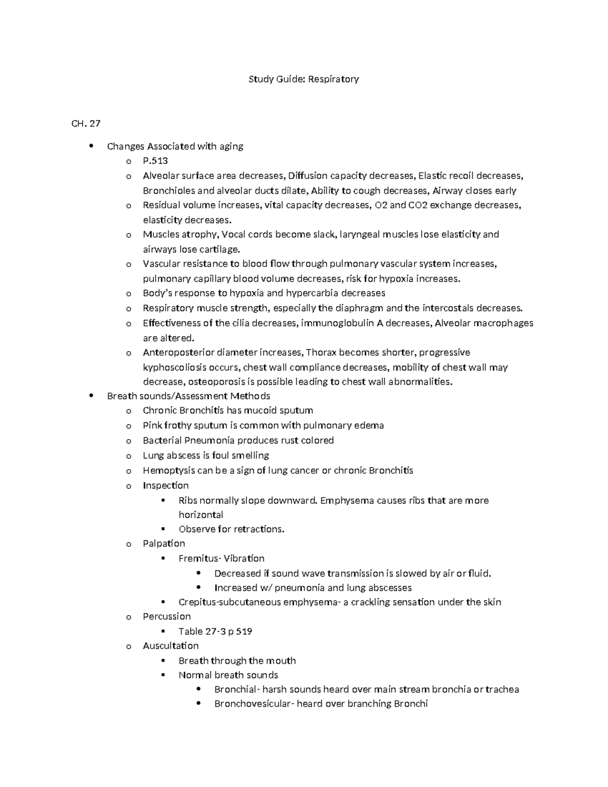 Respiratory Study Guide - Study Guide: Respiratory CH. 27 Changes ...