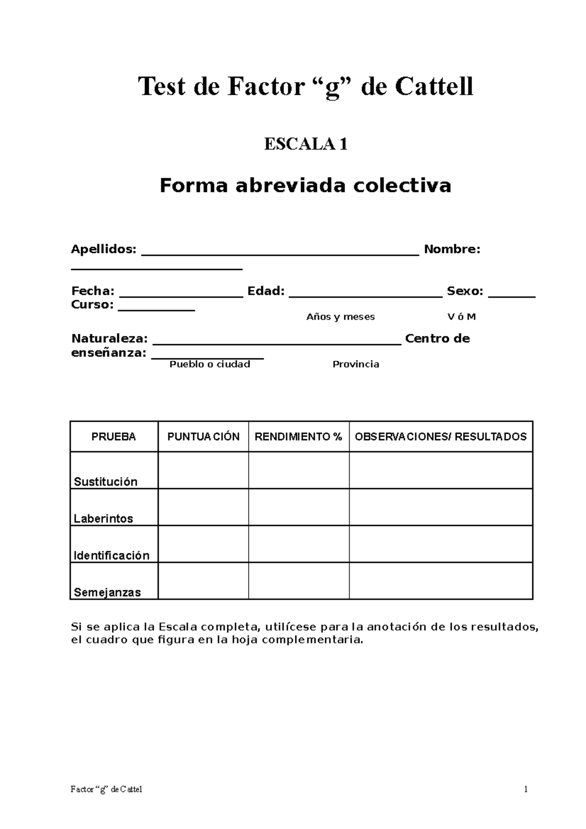 Catell-1 Cuadernillo - tarea - Test de Factor “g” de Cattell ESCALA 1 ...