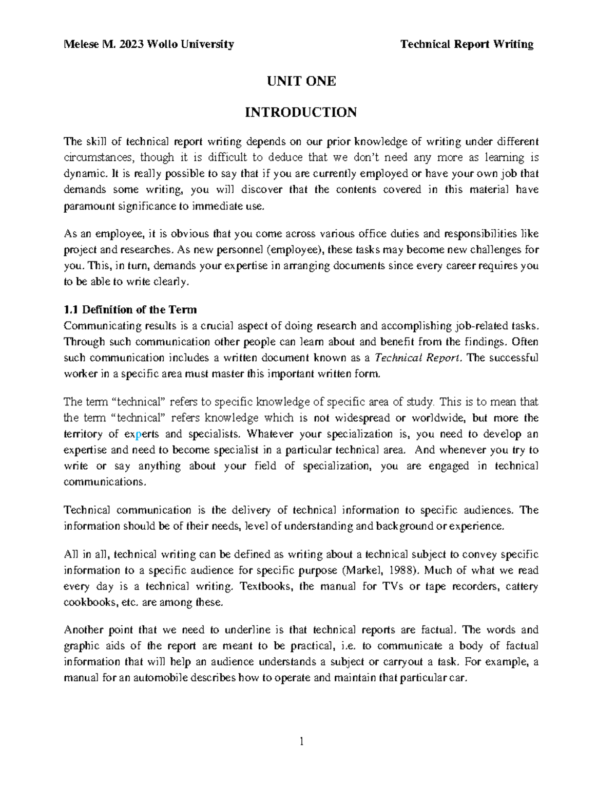 TRW Handout - aSADA - UNIT ONE INTRODUCTION The skill of technical ...