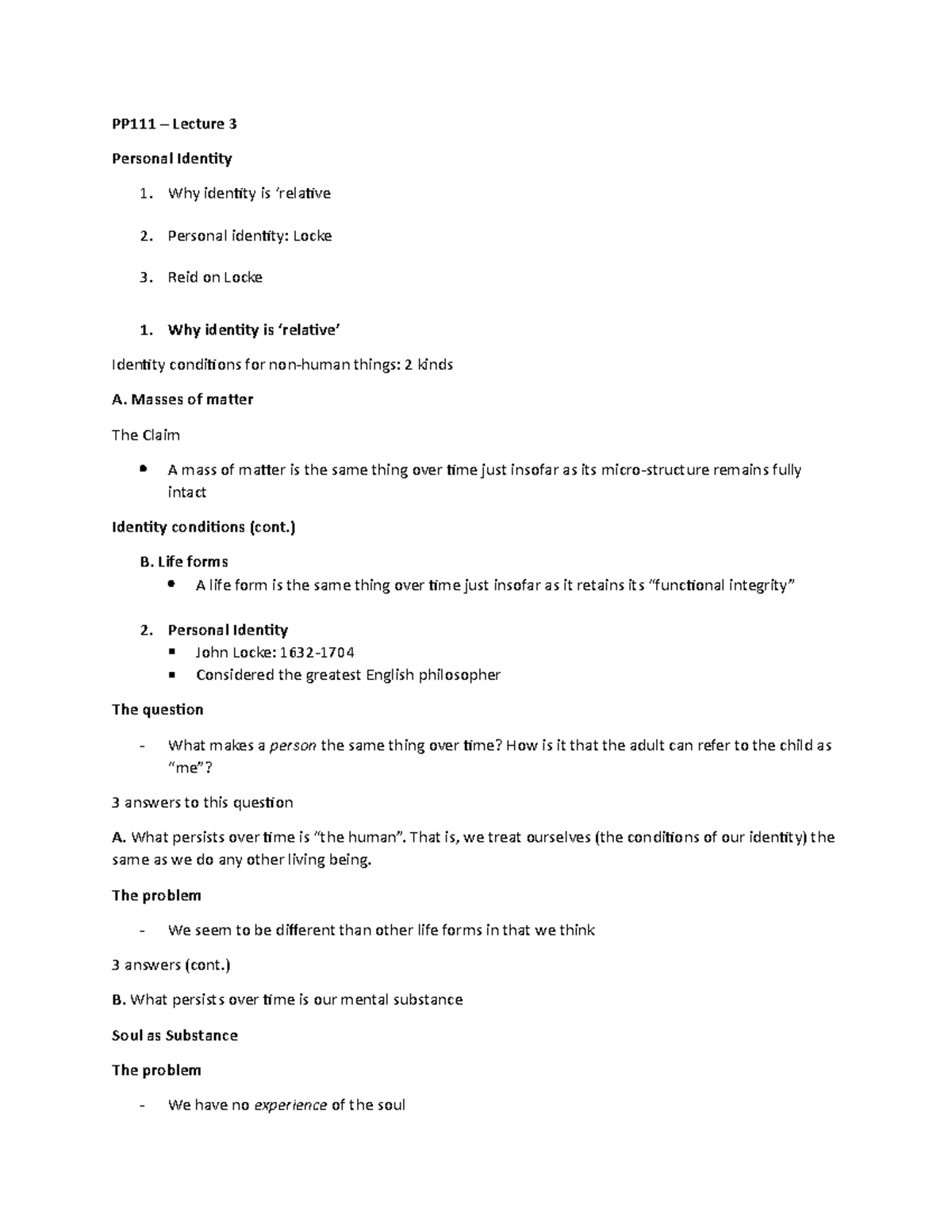 Philosophy 3 - notes - PP111 – Lecture 3 Personal Identity 1. Why ...