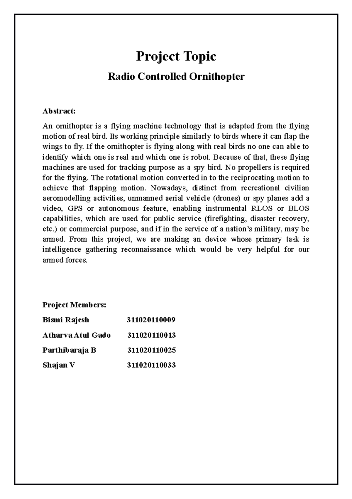 Project abstract AG - Project Topic Radio Controlled Ornithopter ...