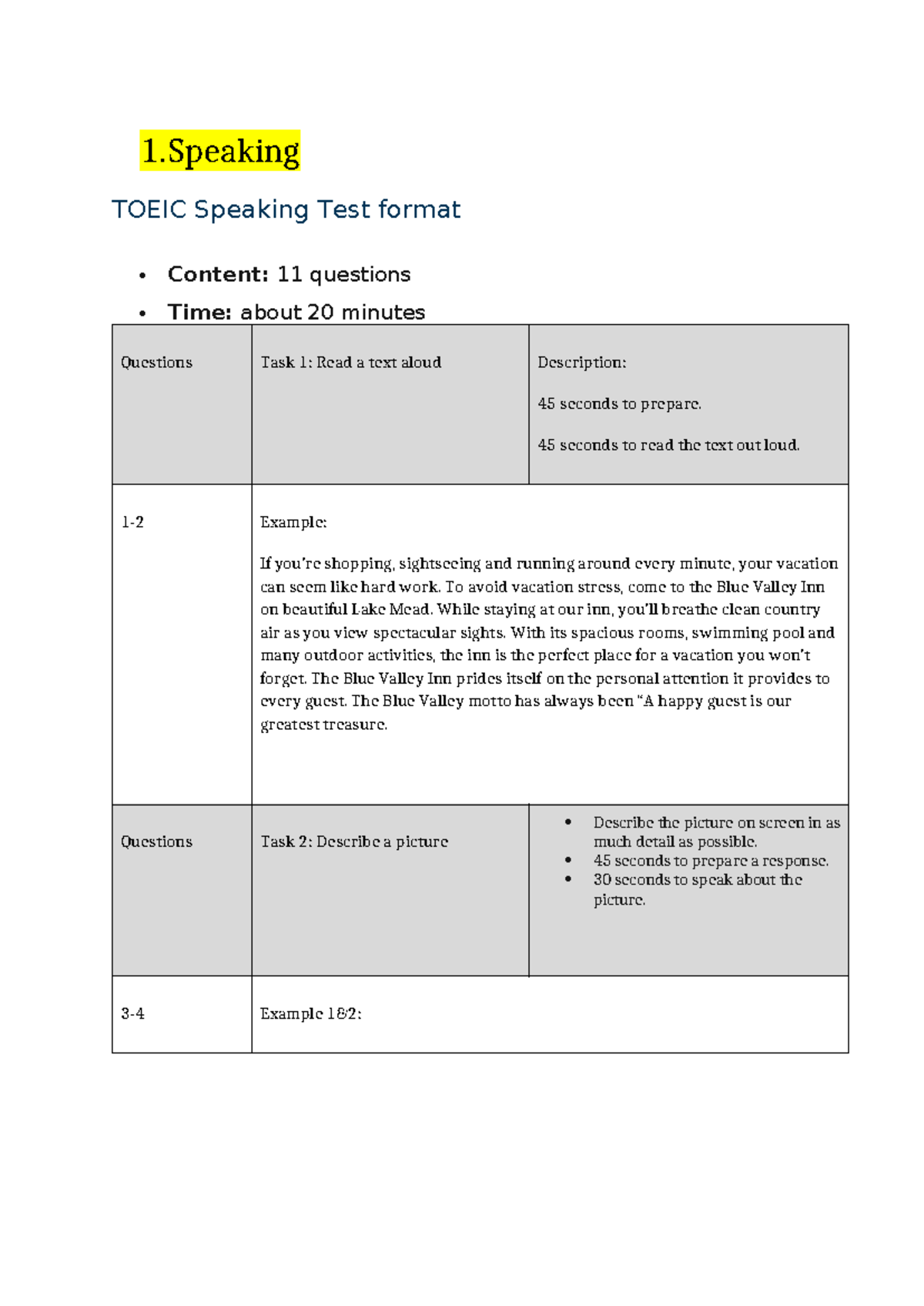 Sample Questions for Toeic 4 skills 2 - 1 TOEIC Speaking Test format ...