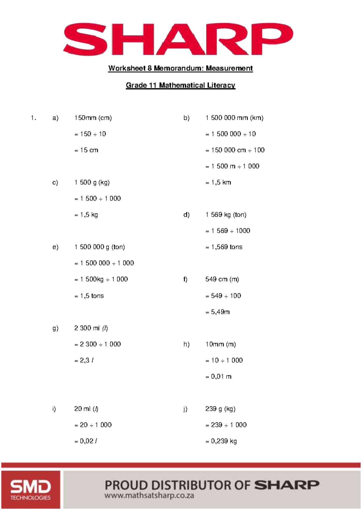 Worksheet 8 Memorandum Measurement 1 - Worksheet 8 Memorandum ...