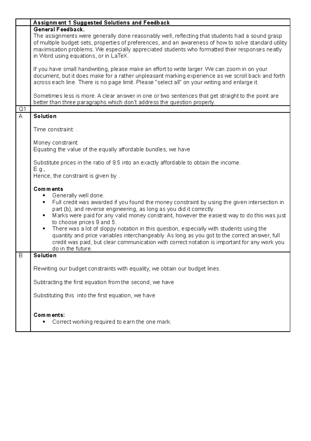 Assignment 1 Feedback - Assignment 1 Suggested Solutions and Feedback ...