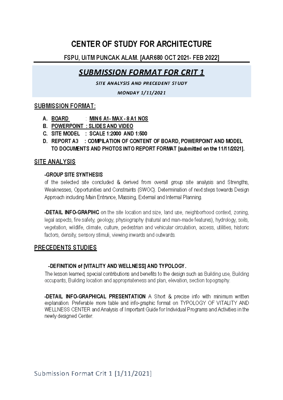 CRIT 1 - Submission Format -SITE Analysis AND Precedenr Study - BSc ...