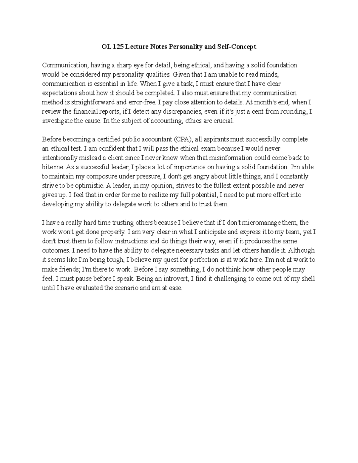 OL 125 Lecture Notes Personality and Self-Concept - OL 125 Lecture ...