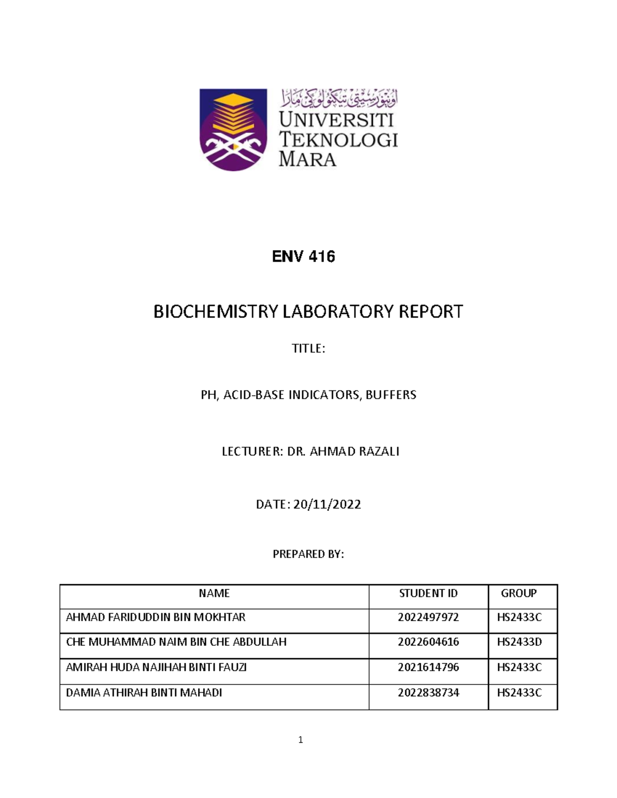Lab Report 2 Biochemistry - ENV 416 BIOCHEMISTRY LABORATORY REPORT ...