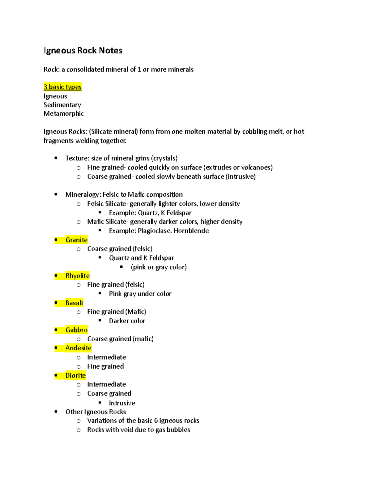 Igneous Rock Notes - Igneous Rock Notes Rock: a consolidated mineral of ...
